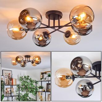 HOFSTEIN Deckenleuchte Koyoto, 6-flammige Deckenlampe aus Metall/Glas in Schwarz/Bernstein/Chrom/Rauch, moderne Leuchte im Retro/Vintage-Design (Schirme 15 cm)
