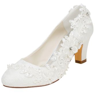 Emily Bridalwear Brautschuhe Frauen Seide wie Satin St&auml;mmiger Absatz Absatzschuhe mit Stich Spitzen Blume Kristall Perle, Elfenbein, 42 EU (8.5 UK)
