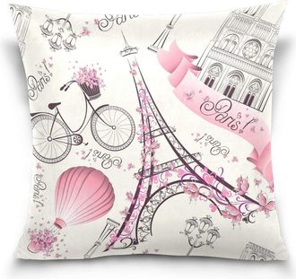 Linomo Kissenbezug 50x50 cm, Rosa Blume Paris Eiffelturm Dekorative Kissenbezug Kissenhülle für Couch Sofa Bett Hause
