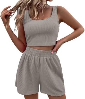 Generic Ensemble 2 pi&egrave;ces de short d&eacute;t&eacute; pour femme avec haut &agrave; manches courtes et short, gris, L