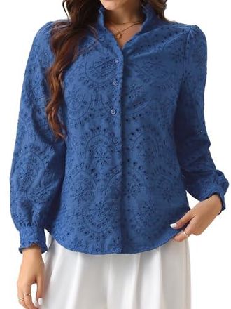 Allegra K Chemisier D&eacute;contract&eacute; Femme Ajour&eacute; Florale Style Boho Chemise Col en V Boutonn&eacute;e &agrave; Manches Bouffantes Coupe Ample Blouse Vintage Bleu Royal XS