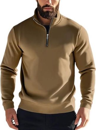 Generic Sweat-shirt &agrave; fermeture &eacute;clair 1/4 pour homme - Polaire d&eacute;contract&eacute;e &agrave; manches longues Streetwear quotidien vacances, kaki, 3XL