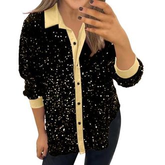 Generic Haut &agrave; paillettes pour femme - Jupe ample &agrave; paillettes - Dentelle - Maille transparente - Manches longues - &Eacute;l&eacute;gant chemisier habill&eacute; - Pull ample ten