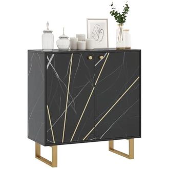 HOMCOM Meuble de Rangement Buffet Salon avec 1 Placard 2 Portes et &eacute;tag&egrave;re r&eacute;glable, Pieds en m&eacute;tal - dim. 76L x 35l x 77H cm, Aspect marbre Noir