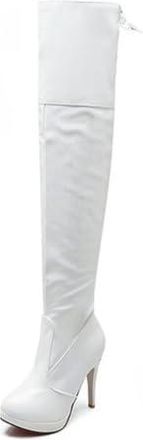 Generic Cuissardes Rétro Femme Bout Rond en Cuir Verni Fermeture Éclair Latérale Talons Aiguilles Hauts Lacets Plateforme À Enfiler Chaussures Soirée Bal,Blan