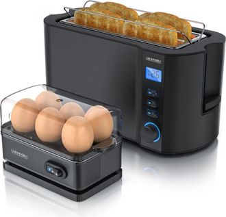 Arendo Set Toaster manha mit Eierkocher sixcook Edelstahl Schwarz, Toaster 4 Scheiben, LED-Display, 6 Br&auml;unungsgrade, Br&ouml;tchenhalter - Eierkocher - Arendo