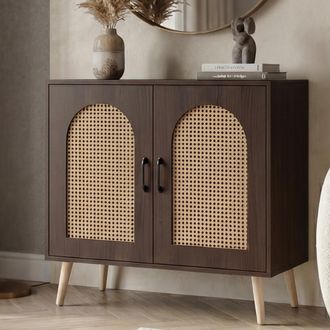 Mendler Kommode HWC-P51, Schrank mit T&uuml;ren Anrichte Stauf&auml;cher, Poly-Rattan MDF Melamin 79x80x40cm - Walnuss-Optik