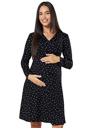 Happy Mama Femme. Robe de Grossesse Manches Longues. Robe &agrave; Taille fronc&eacute;e. 890p (Noir avec de Petits Points Blancs, 42, XL)