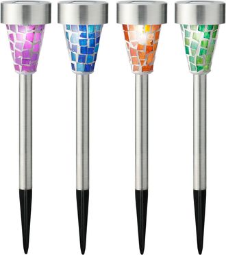 Lumineo LED Solar Au&szlig;enleuchten Mosaik 28cm Edelstahl 4er Set - Solarleuchten Gartenlichter zum Stecken - Gartenleuchten Wegeleuchten Gartenlampen - Solarlamp