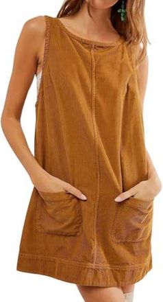 Onsoyours Robe Femme Oversize Tunique Velours C&ocirc;tel&eacute; sans Manches T-Shirt Robe L&acirc;che &Eacute;l&eacute;gante Coton Longue Tops Mini Robe en Velours C&ocirc;tel&eacute; avec Poches A Orange