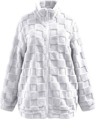 Generic Vestes en polaire &agrave; fermeture &eacute;clair pour femme, col montant, coupe ample, motif jacquard &agrave; carreaux, v&ecirc;tements dext&eacute;rieur doux et confortables pour t