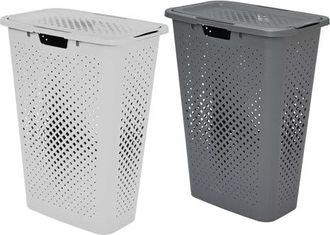Sundis Pixel, lot de 2 paniers &agrave; linge 40l, en plastique recycl&eacute;, blanc cass&eacute; et gris, id&eacute;als pour les petits espaces, 2 poign&eacute;es lat&eacute;rales et 1 poign&eacute;e au-d