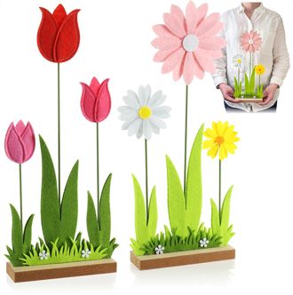 Com-Four 2X Deko Aufsteller für Ostern und Frühling - Niedliche Filz-Blumen - Osterdeko zum Hinstellen - Osterdekoration aus Holz und Filz (Blume - 2 Stück)