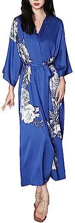Generic Robe de chambre longue en satin pour femme - Robe de nuit longue en soie grande taille - Robe de nuit en satin - Col en V - Peignoirs doux, bleu, Tail