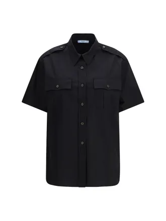 Prada Womens Shirt Short-Sleeve Poplin Black Cotton