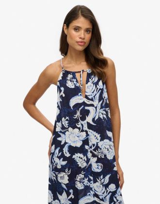 Superdry Robe longue de plage à fines bretelles - Bleu imprimé chrissy