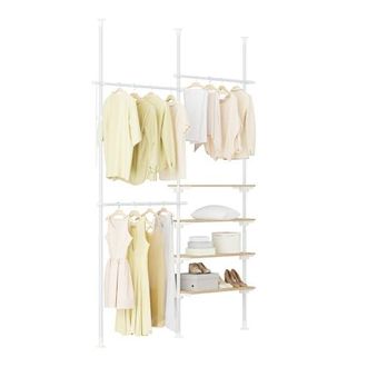 SoBuy Portant à vêtements télescopique, Portant robuste, Penderie ouverte réglable avec étagères & tringles, Blanc Naturelle KLS17-WN