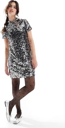 Superdry Kurzes T-Shirt-Kleid mit Paillettenbesatz in Silber