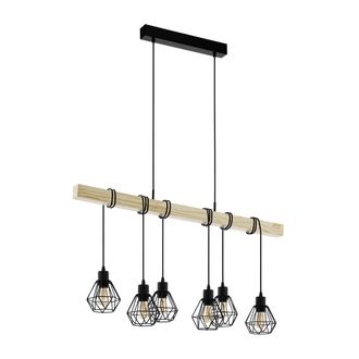 Eglo Pendellampe Townshend 5, 6 flammige Vintage Pendelleuchte im Industrial Design, Retro H&auml;ngelampe aus Stahl und Holz, Farbe: Schwarz, braun, Fassung: E