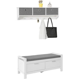 SoBuy Sobuy - FRG282-W + FSR74-W Meuble dEntrée Ensemble Portemanteau Mural 3 Tiroirs + Banc de Rangement avec Coussin Rembourré et 2 Tiroirs