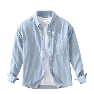 Generic Chemise rétro en jean pour homme Printemps Automne Décontracté Haut en Jean Haut Revers Solide Coton Boutonné Chemise, bleu clair, XXL