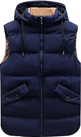 Generic Gilet matelassé pour homme - Gilet dextérieur avec capuche et col montant - Léger - Gilet dhiver épais - Sans manches - Veste de sport, bleu, XXXL