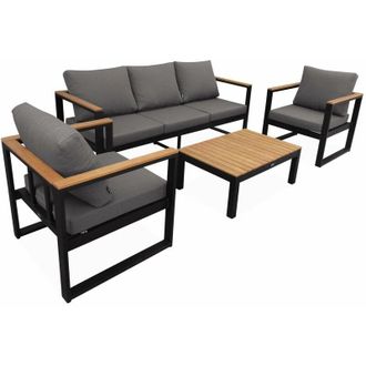 Sweeek 5-Sitzer Gartengarnitur aus Aluminium und Eukalyptus Schwarz / Dunkelgrau