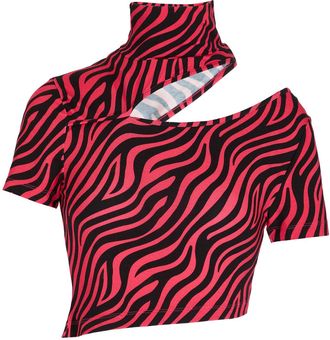 8 by YOOX PRINTED JERSEY CUT-OUT HIGH-NECK CROP TOP