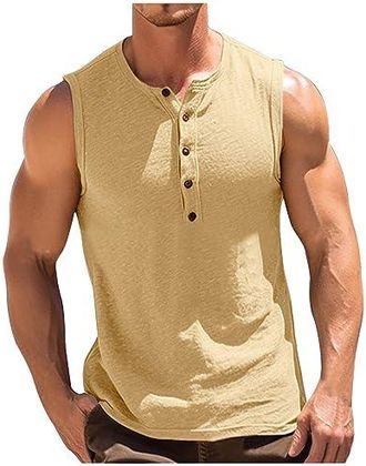 Generic T-shirt sans manches uni l&eacute;ger pour homme - Classique - Tendance - D&eacute;contract&eacute; - Respirant - Polyvalent - Extensible - Henley - Entra&icirc;nement et course