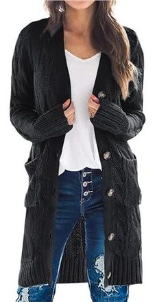 Generic Cardigan d&eacute;contract&eacute; en tricot pour femme - Automne et hiver - Chaud - Col en V - Poches torsad&eacute;es - Veste manteau, Noir, 5XL
