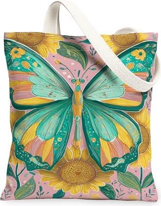 Generic Sacs fourre-tout en toile motif tournesol &eacute;l&eacute;gant, sacs d&eacute;picerie r&eacute;utilisables, l&eacute;gers et lavables, p&ecirc;che, 13x15 Inch