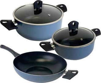 San Ignacio Set mit 2 Kocht&ouml;pfen &Oslash; 20 x 24 cm mit Deckel + Wok &Oslash; 30 cm aus gepresstem Aluminium, Farbe Blau NOIA San Ignacio