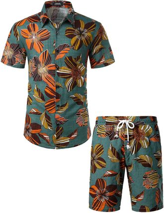 JOGAL Herren Blumen Kurzarm Baumwolle Hawaii Hemd Shorts Set XX-Large GrünVintage