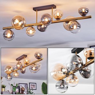 HOFSTEIN Deckenleuchte Chehalis, 10-flammige Deckenlampe aus Metall/Glas in Schwarz/Gold/Rauch/Bernstein/Klar, Retro/Vintage-Leuchte (Schirme Ø 10; 12; 15 cm),