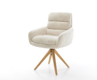 DELIFE Drehstuhl Abelia-Flex mit Armlehnen Pl&uuml;sch Creme-Wei&szlig; Holzgestell kantig Natur 180&deg; drehbar, Esszimmerst&uuml;hle