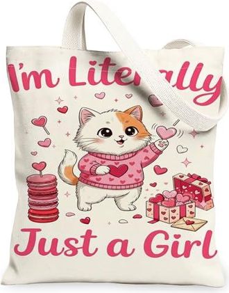 Generic Sac fourre-tout en toile avec motif de chat mignon, motif animal adorable, l&eacute;ger, lavable, sac d&eacute;picerie r&eacute;utilisable pour la Saint-Valentin, blanc, 1