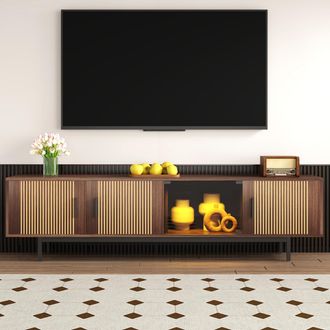Suky Brand TV-Schrank, lowboard mit geschnitzter Textur, TV-M&ouml;bel mit LED-Lichtleiste und T&uuml;r aus geh&auml;rtetem Glas, Schwarz und Holz, 200 x 35 x 53 cm