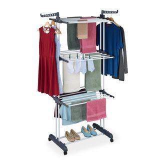 Relaxdays W&auml;schest&auml;nder, ausklappbare Fl&uuml;gel, HBT: 173 x 126 x 64 cm, Metall, rollbarer Turmw&auml;schest&auml;nder, wei&szlig;/grau