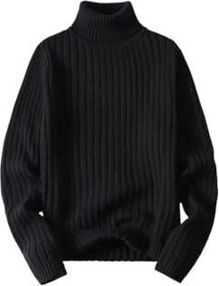 Generic Pull pour homme, col haut, couleur unie, &eacute;pais, pull tricot&eacute; ray&eacute; grande taille, Noir, 4XL
