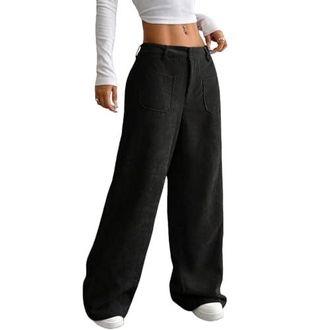 Generic Pantalon décontracté en velours côtelé pour femme - Jambe droite - Doux - Uni - Pantalon long tendance avec poches pour femme, Noir, XL