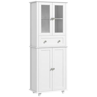HOMCOM Armoire de cuisine avec 2 portes en verre tremp&eacute;, tiroir et &eacute;tag&egrave;res r&eacute;glables, buffet pour salle &agrave; manger, 61 x 35 x 168,5 cm, blanc