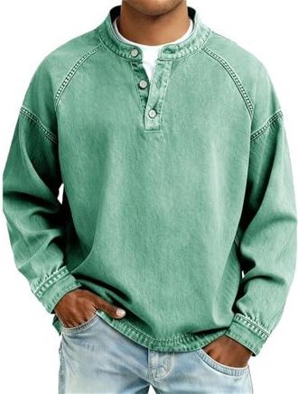 Generico Pull &agrave; fermeture &eacute;clair pour homme 2026 vintage en denim d&eacute;lav&eacute; vieilli d&eacute;contract&eacute; col montant manches longues polo v&ecirc;tements, A02-vert clair, 3XL
