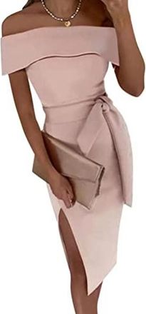 Minetom Femme Élégante Epaules Dénudées Robe Unie Moulante Affaires Crayon Robe de Soirée Mariage Cocktail E Rose XL