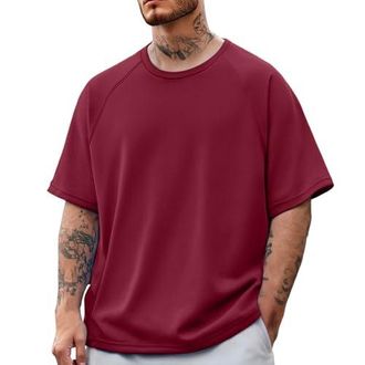 Generico T-shirt &agrave; manches longues pour homme en coton uni avec manches longues, chemise d&eacute;contract&eacute;e vintage poids lourd, rouge, XXXL