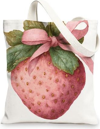 Generic Sacs fourre-tout en toile à motif de fraise, sacs dépicerie réutilisables, chics légers et lavables, bandoulière C, pêche, 13x15 Inch