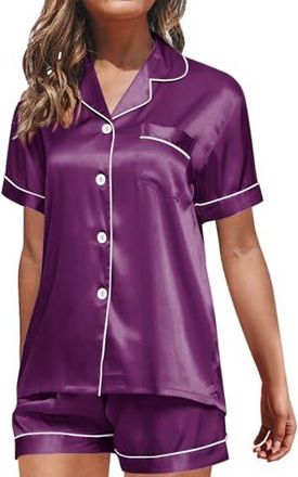 Generic Pyjama Femme Ensemble Court en Satin Sexy : Loungewear Femmes Ensemble &Eacute;t&eacute; avec Boutonni&egrave;re Manches Courtes Pyjama Shorts Soie Ensemble Pyjama Couleur