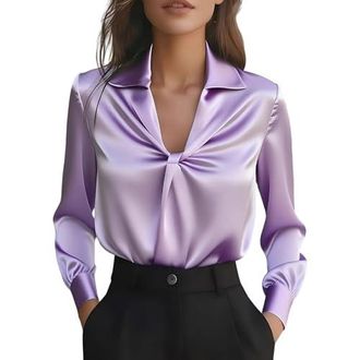 Generic Chemise en satin pour femme &eacute;l&eacute;gante &agrave; manches bouffantes et col fronc&eacute; sur le devant - Haut habill&eacute; d&eacute;contract&eacute; pour le travail, le bureau, le travai