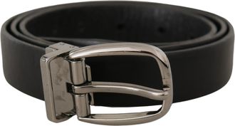 Dolce & Gabbana Leather Chrome Logo Metal Buckle Belt - Black