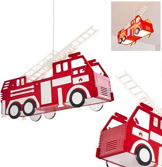 HOFSTEIN Pendelleuchte Praya, rotes Feuerwehrauto als Hängelampe aus Kunststoff für das Kinderzimmer, 2 x E27, Feuerwehr Hängeleuchte, ohne Leuchtmittel
