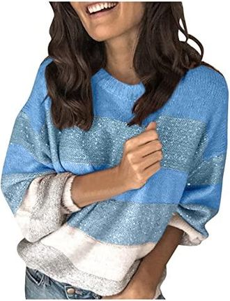 Generic Pull Femme Rayures Bloc de Couleur Col O Manches Longues Pull Tricot&eacute; Femme Hiver Mode Sweat-shirt Haut Veste Laine Femme Hiver, bleu, XL